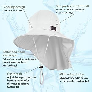 Sukeen Cooling Sun Hat for Men Women UPF50+ Wide Brim Fishing Hat with Neck Flap Adjustable Foldable Bucket Hat for Hiking White