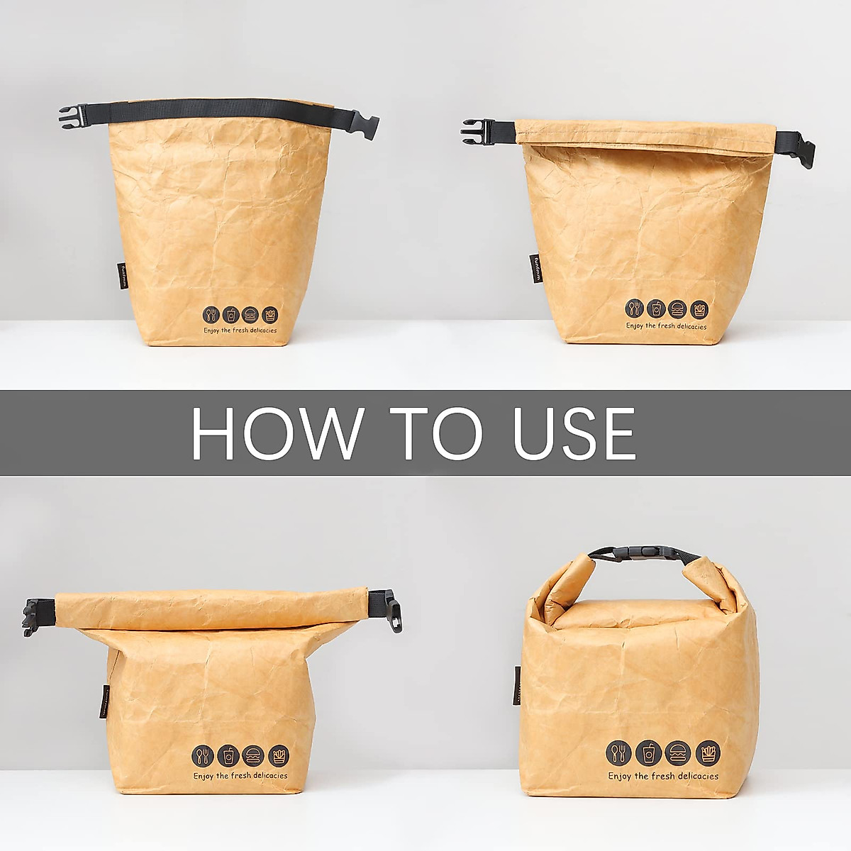 Funfmm Lunch Bag for Women/Men,Reusable Lunch Bag with Water-Resistant Tyvek Material,Insulated Lunch Bag,Lunch Box Containers,Bento Lunch Bag,Lunch Box for Women,Brown Bag