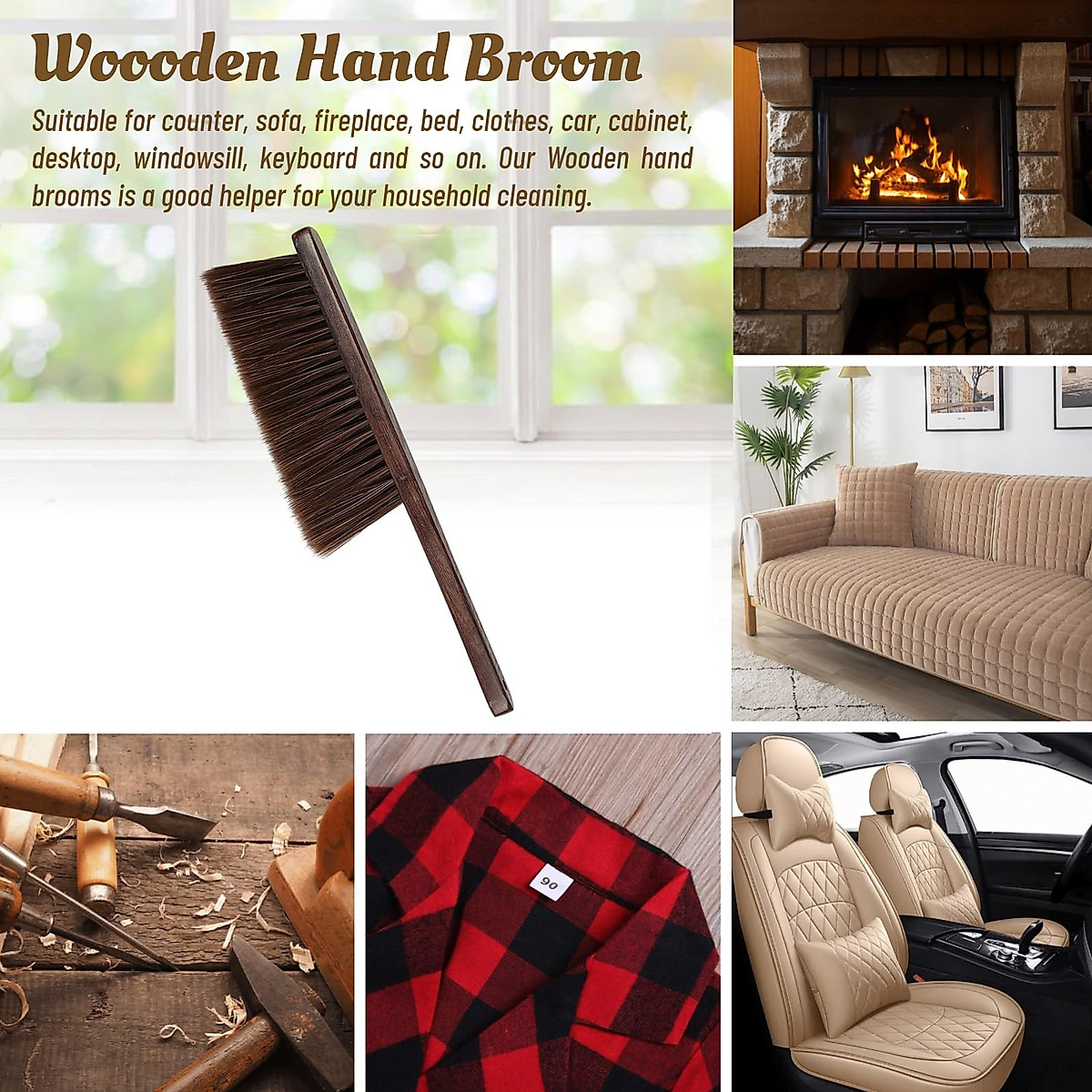 Woooden Hand Whisk Broom Brush Small Hand Broom Dust Brush with Wood Handle Soft Bristle Broom for Couch Car Fireplace Bed (Black)