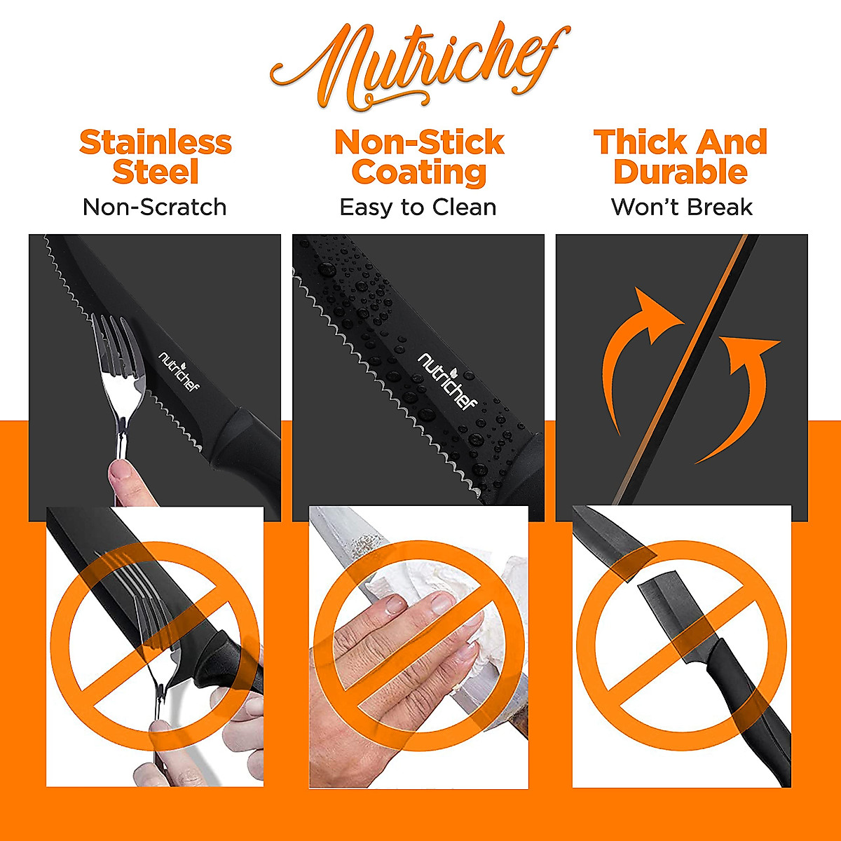 NutriChef Steak Knife Set of 8 - Premium Serrated Stainless Steel Kitchen Knife Set - Ergonomic Design, Sharp Blades, Non-Stick, & Rust-Resistant - Perfect for Home, BBQ's & Restaurants Black