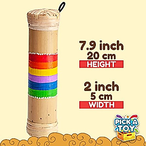 PICK A TOY Bamboo Rainstick Rain Shaker Sensory Toy Musical Instrument for Kids and Adults, Lightweight and Easy to Use Music Game, Rainbow Colored Rain Maker – with Gift Box