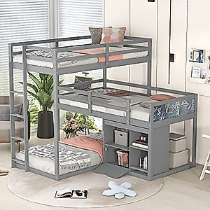 Eafurn L-Shaped Bunk Beds for 3,Twin Size Triple Bunk Beds with Storage Cabinet and Blackboard,Solid Wood Floor Bunk Bed for Kids Teens Adults