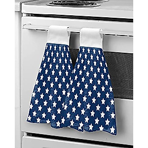 WARM TOUR 2Pcs Kitchen Hanging Towel Independence Day White Pentagram on Navy Blue,Absorbent Soft Hand Tie Towel with Loop USA Flag Stars,Tea Bar Dish Cloth Dry Towel for Bathroom