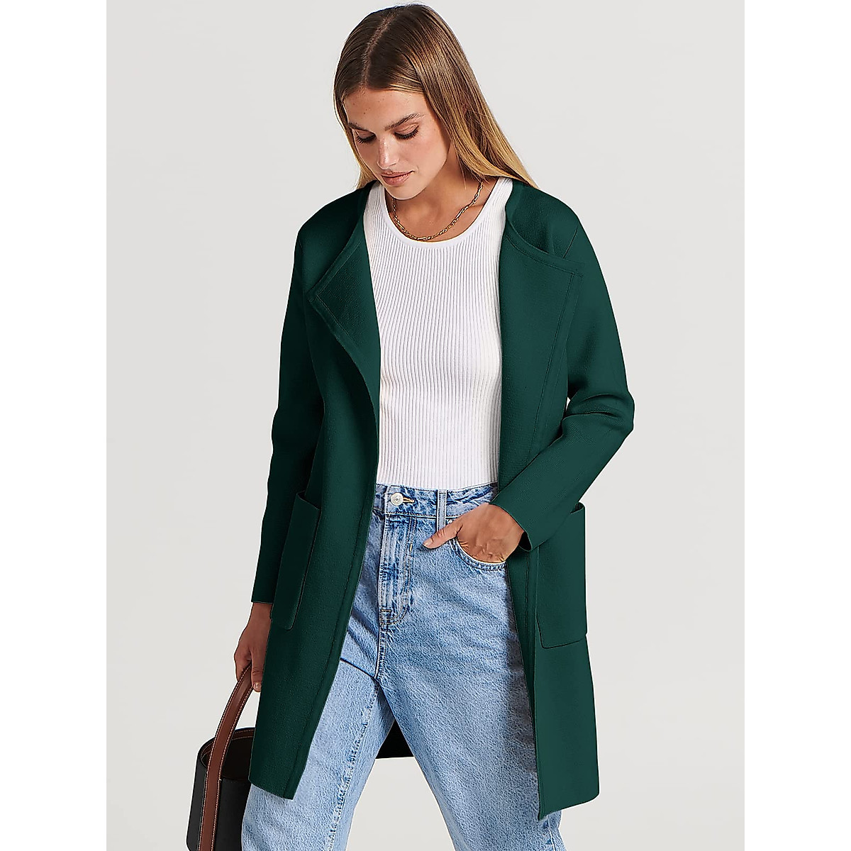 ANRABESS Women's Open Front Knit Lightweight Cardigan Casual Long Coatigan Sweater Lady Jacket Coat 2025 Fall Outerwear Opal Green Large