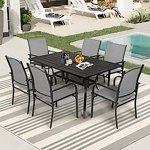 SUNCROWN 7 - Piece Outdoor Dining Set, Patio Furniture Set with 6 x Textilene Dinning Chairs and 1 Steel Slat Metal Bistro Table for Lawn Garden Backyard Deck, Grey