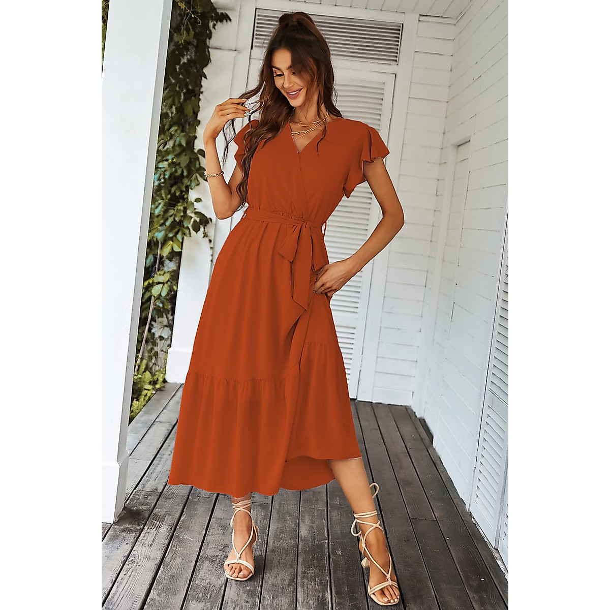 PRETTYGARDEN Women's 2024 Floral Boho Dress Wrap V Neck Short Sleeve Belted Ruffle Hem A-Line Flowy Maxi Dresses (Solid Brick Red,X-Large)