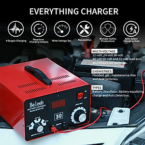 Beleeb Adjustable Battery Charger 12V 24V 36V 48V 60V 72V Smart LCD Display Pulse Repair Desulfator Cable Clamps Automotive Maintainer for Golf Cart Mower Boats, PWCs Truck RV ATV SUV