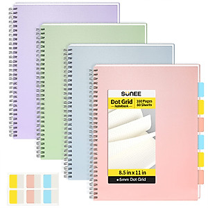 SUNEE Dotted Spiral Notebook - 4 Pack Large Bullet Journals 8.5 x 11 Inches 5 x 5mm Dot Grid Paper 80 Sheets/160 Pages - Journals for Study and Notes (pink, blue, green, purple)