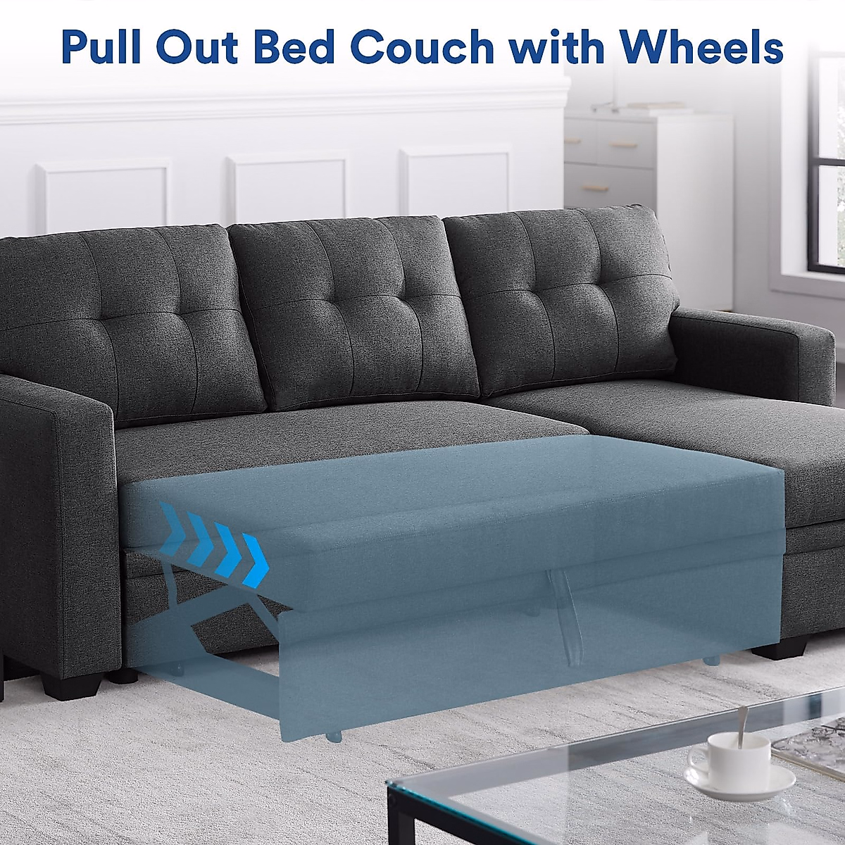 MMTGO 82" L-Shape Reversible Linen Sleeper Sectional Sofa, with Pull Out Bed, Storage Chaise and Arms, Corner Couch for Apartment, Dorm, Living Room