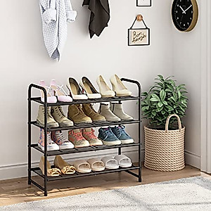 Simple Trending 4-Tier Stackable Shoe Rack, Expandable & Adjustable Shoe Organizer Storage Shelf, Wire Grid, Black
