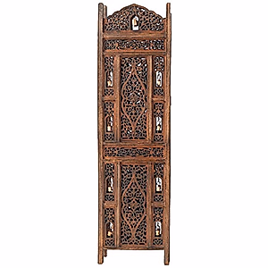 Cotton Craft Ghanti Bells - Antique Brown 4 Panel Handcrafted Wood Room Divider Screen 72x80 - With Tiny Bells - Intricately Carved On Both Sides
