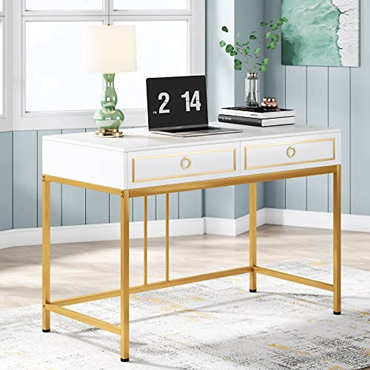 Tribesigns Computer Desk with 2 Drawers, 41.34” Modern Simple White and Gold Writing Desk with Storage Drawers, Makeup Vanity Console Table Study Desk for Home Office