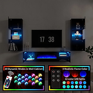 AMERLIFE Wall Unit Entertainment Center with 36" Electric Fireplace, Includes 68" Floating Fireplace TV Stand, 2 x Wall Cabinets, Modern LED Light Media Console Table for Living Room, Black/White