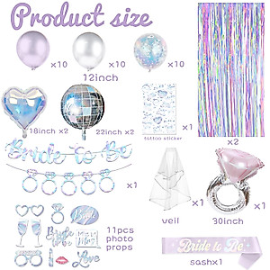 Bridal Shower Decorations Kit,Iridescence Bride To Be Decor Include Laser Balloons Photo Props Fringe Curtain Sash for Bachelorette Party Decor Wedding Shower Decorations