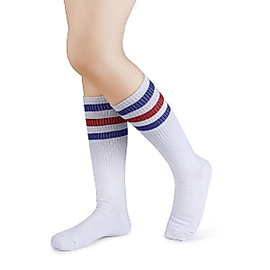 Leotruny Knee High Tube Socks: Over the Calf Retro Socks - Striped Tube Socks for Men Women White Blue Red