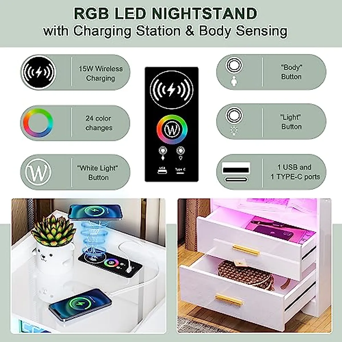 HNEBC Night Stand with Charging Station,LED Nightstand with Body Sensor Function, Smart Nightstand has RGB Lights Mode,Bedside Table with Drawers,Side Table for Bedroom/Living Room (White)