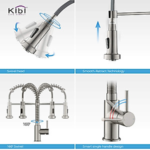 KIBI Aurora Single Handle Spring Pull Down Faucet for Kitchen Sink | Solid Brass High Arc Faucet Spout | Kitchen Faucet with Pull Down Sprayer (Brushed Nickel) (KKF2003) (Soap Dispenser included)