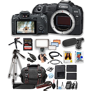 Canon EOS R8 Mirrorless Camera Body + 128GB Pro Speed Memory + Led Video Light + Microphone +Case + Tripod + Software Pack-Video Bundle (Renewed)
