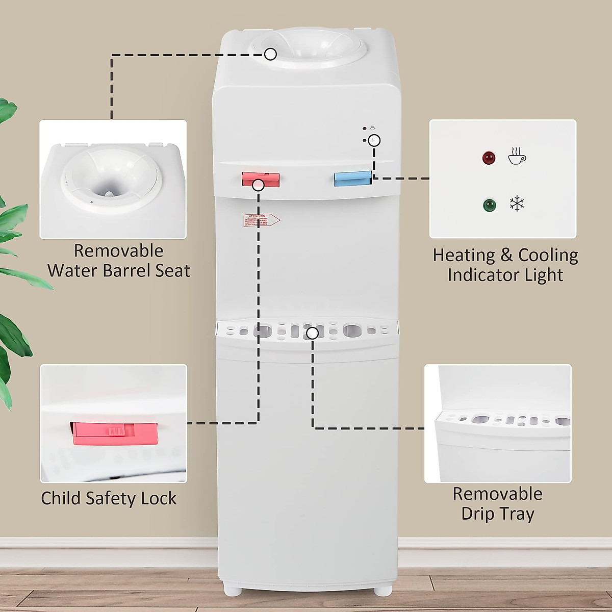 Top Loading Water Cooler Dispenser for 3 & 5 Gallon Water Bottles, Hot & Cold Water, Child Safety Lock, Stainless Steel, ETL Approved, White