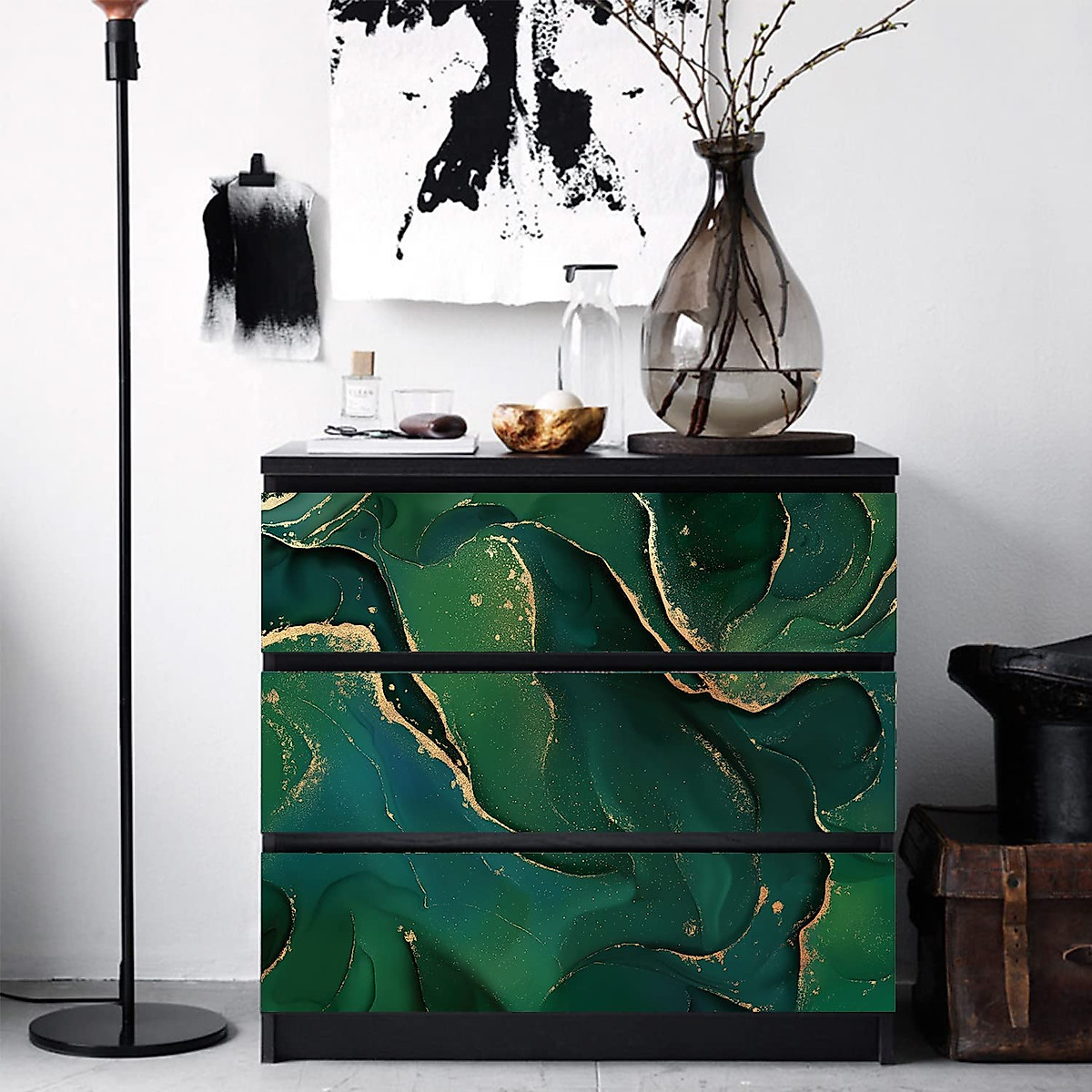 funlife Hand-Drawn Marble Pattern Peel and Stick Furniture Decals, Self-Adhesive Drawer Front Stickers for IKEA MALM Dresser, Faux Glitter Gold Emerald Marble