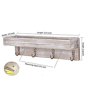 Flyisland Vintage Rustic Wood Wall Mounted Entryway Shelf with 4 Antique Metal Hooks (4 Hooks, Bronze)