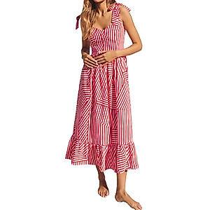 Rooscier Women's Striped Printed Tie Shoulder Sleeveless Ruffle A Line Beach Long Dress Red Small