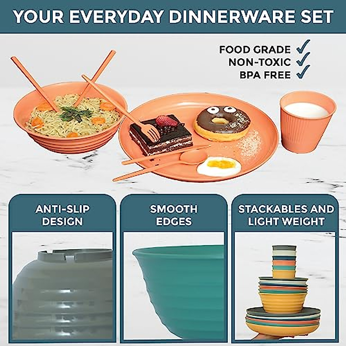 48 Pcs Wheat Straw Dinnerware Sets for 6- Unbreakable Dinnerware Set with Large Plates, Bowl and Cup Set -BPA Free, Lightweight, Microwave Safe Wheat Straw Plates and Bowls Sets, RV Camping Dishes Set