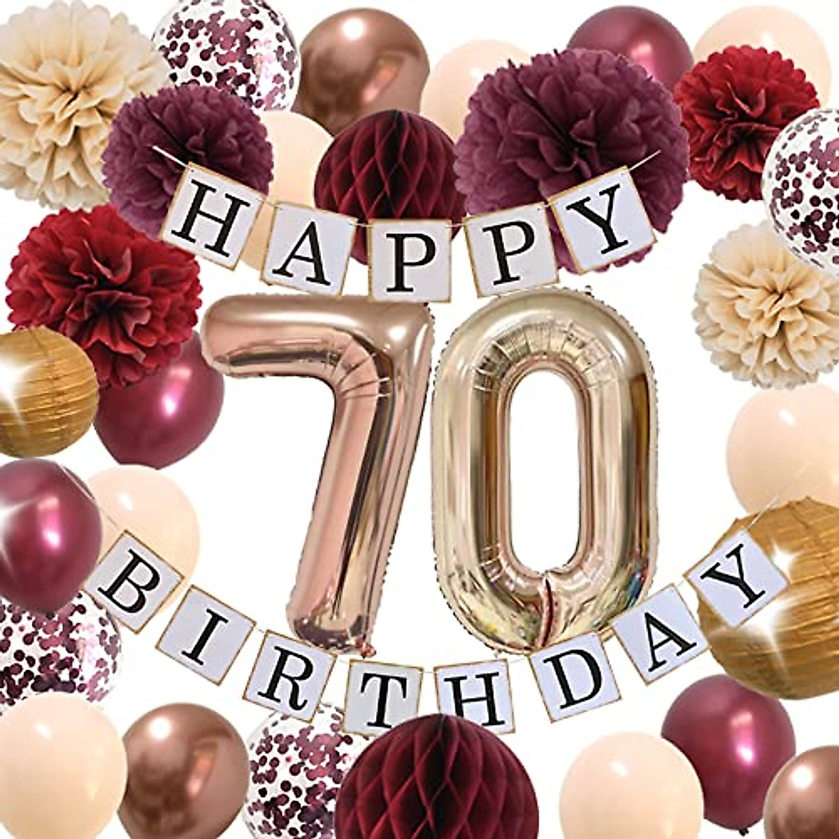 70th Birthday Decorations Women – Happy 70 Birthday Party Supplies for Womens with Champagne Burgundy Flowers Balloons Tissues Decor (Burgundy + Champagne)