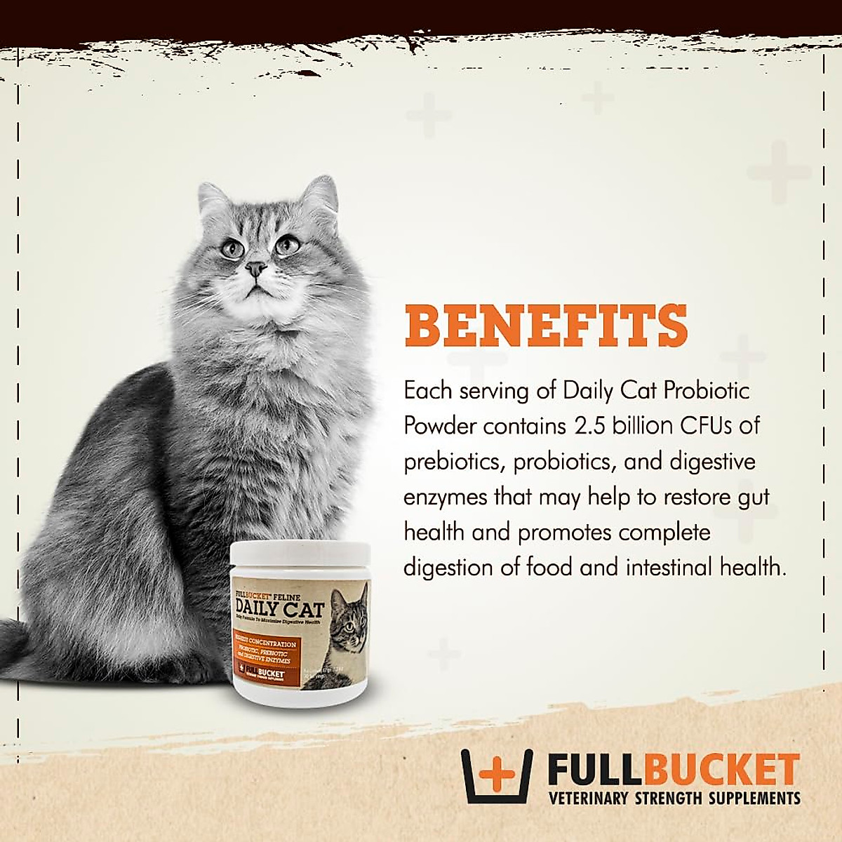 FullBucket Daily Cat Probiotic Powder - Digestive Supplement for Diarrhea, Gas and Supporting Gut & Stomach Health with Prebiotics & Enzymes, 30 Servings