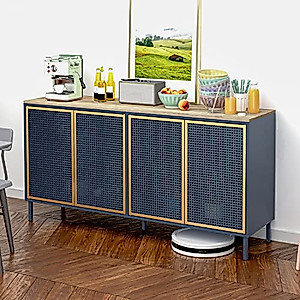 ORRD Accent Cabinet, Sideboard Buffet Cabinet Kitchen Storage Cabinet Console Televison Table with 4 Iron Rattan No Handle Pop-up Doors and Adjustable Shelves for Living Room, Dining Room (Blue Gold)