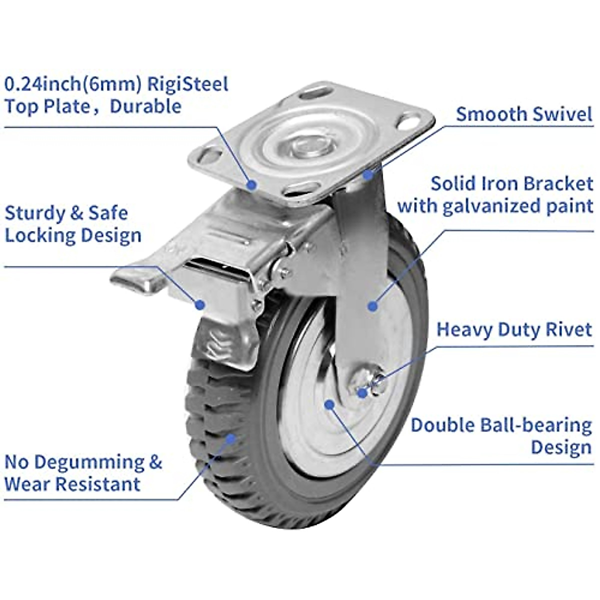 Chrov 6 Inch Heavy Duty Plate Casters Wheels Set of 4 Swivel Casters 1322lbs Smooth Silent 360 Degree Rotation Ball Bearing (2 with Brake Lock, 2 Without Brake)