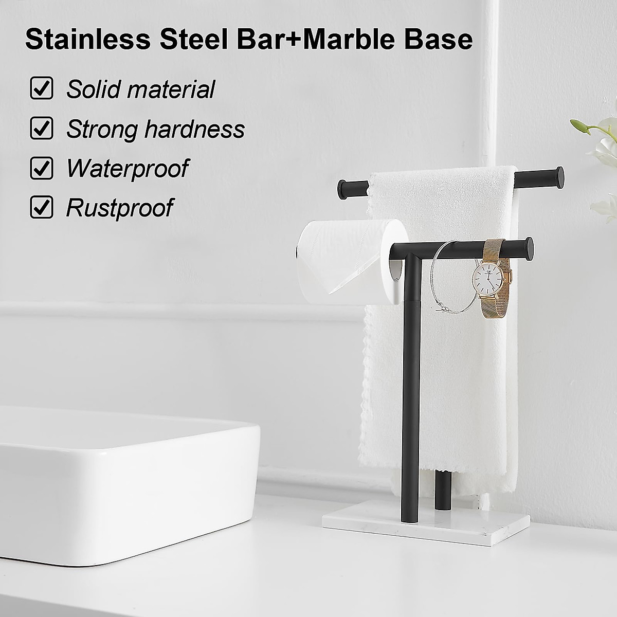 BATHLAVISH Bath Hand Towel Holder Standing, SUS304 Stainless Steel Matte Black T-Shape Towel Bar Rack Stand, Tower Bar for Bathroom Kitchen Vanity Countertop