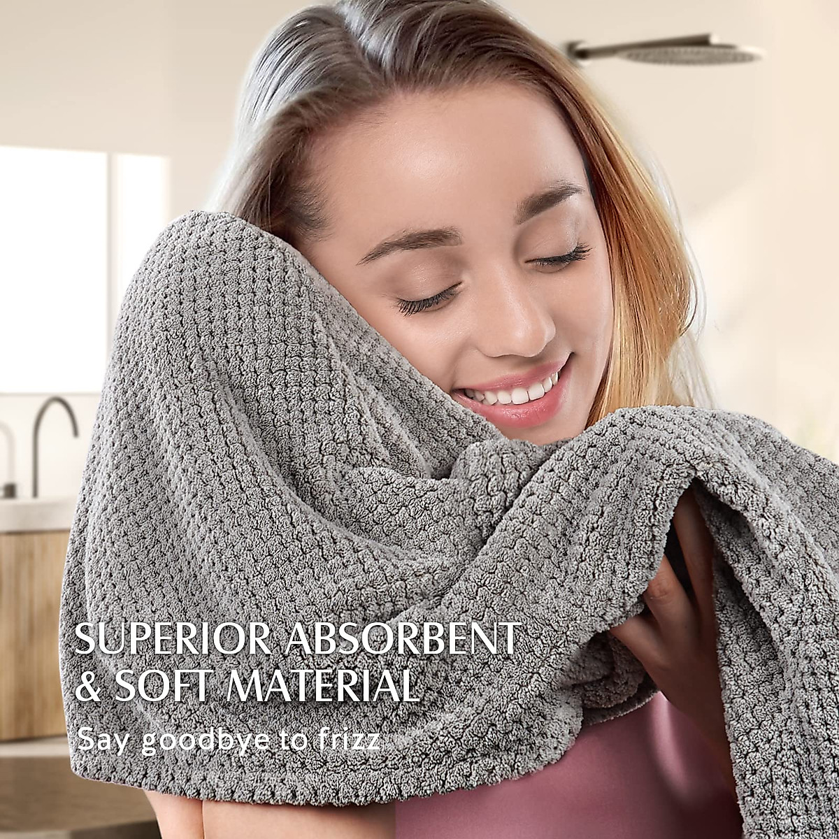 YFONG 3 Pack Large Microfiber Hair Towel Wrap, 30" x 10" Anti Frizz Quick Dry Hair Towels for Women Long, Curly, Thick Hair, Super Absorbent Hair Turban for Wet Hair (Grey, White, Camel)