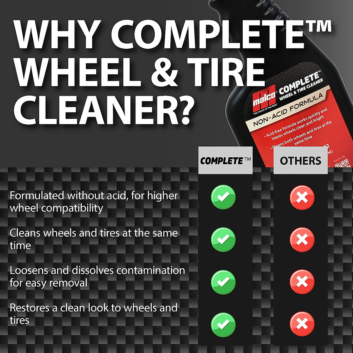 Malco Complete Wheel & Tire Cleaner – Fast Acting, Non-Acid Formula/Removes Dust, Grease, Oil, and Dirt from Entire Wheel / 22 oz. (122922)