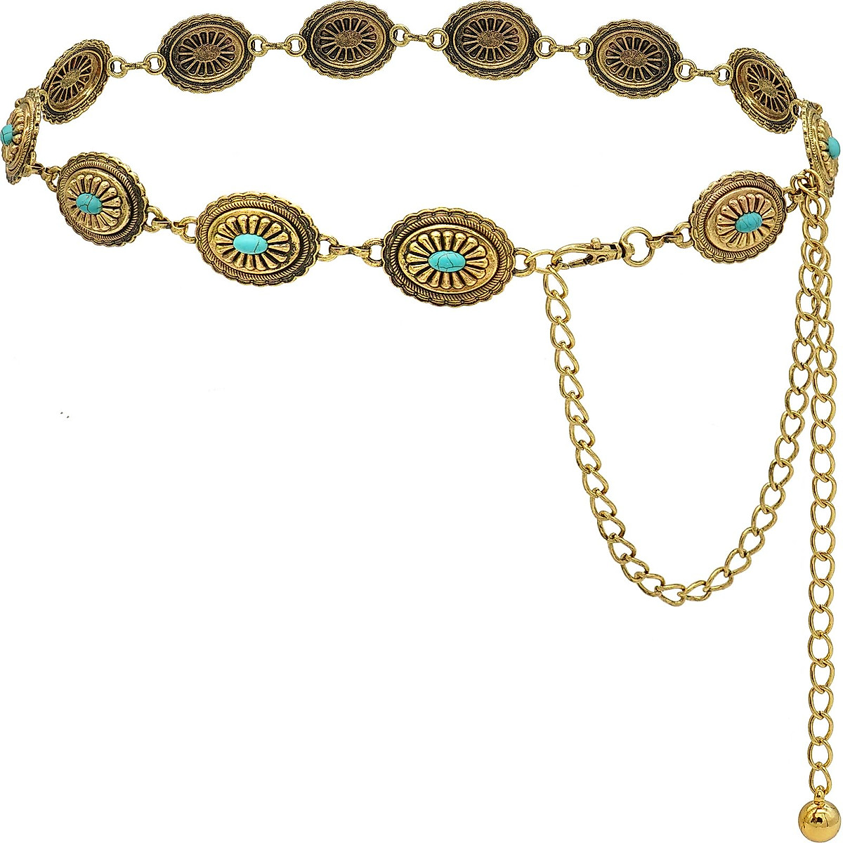 Liutufy Women's Turquoise Concho Chain Belt Western Cowgirl Metal Waist Chain Belt for Dress (B Gold-M)