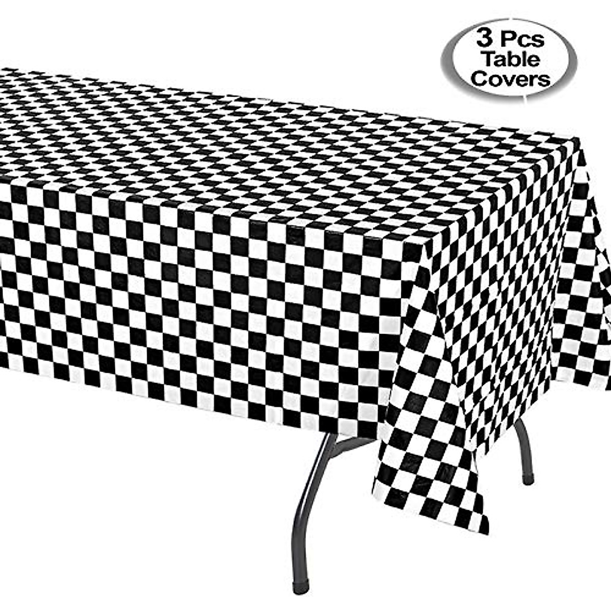 AnapoliZ Black Checkered Tablecloth Plastic | 3 Pcs Pack - 54” Wide x 108” Long | Black and White Checkered Disposable Table Cover | Checkered Flag Tablecloth | Retro, Diner, Racing Party Décor