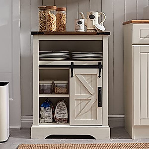 OKD Bathroom Floor Cabinet, Farmhouse Storage Cabinet with Sliding Barn Door & Storage Drawers, Small Storage Cabinet for Bathroom, Kitchen, Living Room, Rustic Oak with Antique White