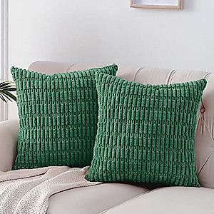 Fancy Homi 2 Packs Emerald Green Decorative Throw Pillow Covers 18x18 Inch for Living Room Couch Bed Sofa, Christmas Home Decor, Soft Striped Corduroy Square Cushion Case 45x45 cm