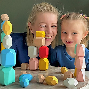 Pidoko Kids 36 Pcs Stacking Rocks with Storage Container - Wooden Balancing Stones - Educational Preschool Learning Montessori Toys - Wood Building Sorting Blocks Set