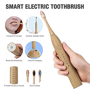 Electric Bamboo Toothbrush, Sonic Toothbrush IPX8 Waterproof, 2 Minute Timer, 3 Rechargeable and Replaceable Bamboo Toothbrush Head
