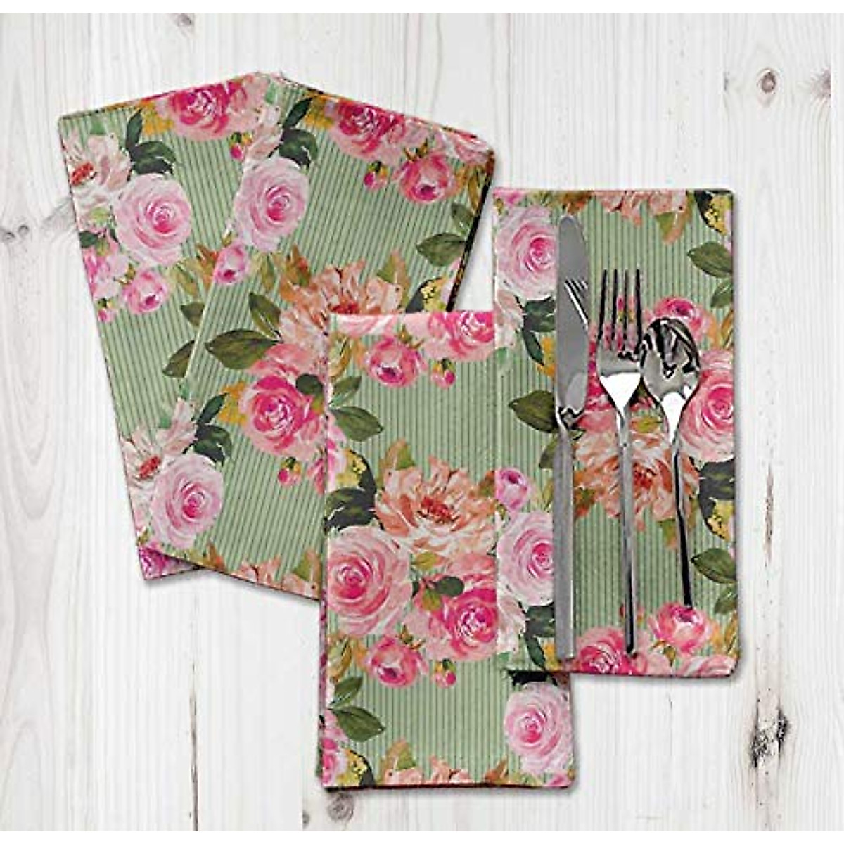 S4Sassy Green Stripe & Ranunculus Floral Holiday Parties Cloth Table Linen Re-Usable Dinner Napkins Set 18 x 18(Pack of 6)