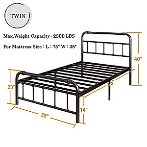 THEOCORATE Twin Size Bed Frame with Headboard and Footboard,14 Inch High 2500lbs Heavy Duty Support No Box Spring Needed,Noise Free,Anti-Slip,Easy Assembly,Black