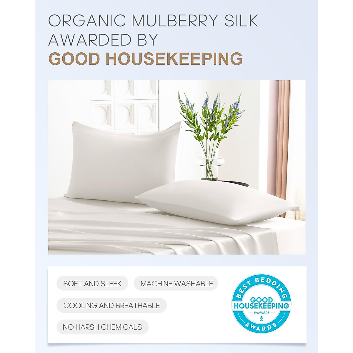 THXSILK 100% Silk Pillowcase for Hair and Skin, Both Sides Grade 6A+ 22 Momme Mulberry Silk Pillow Case with Hidden Zipper, Soft & Smooth White Pillowcase(1pc, Queen Size 20"x30")