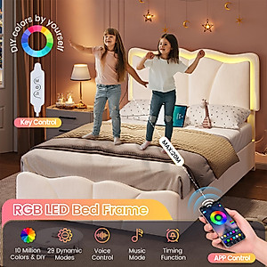 FORABAMB Twin Bed Frame with 4 Drawers, Upholstered LED Bed Frame with Adjustable Flowers Headboard, Platform Bed Frame Twin Size with Wooden Slats Support, No Box Spring Needed, Beige