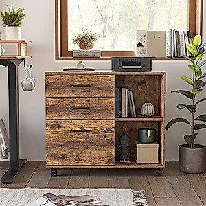 FEZIBO 3-Drawer Mobile File Cabinet, Lateral Filing Cabinet with Lock, Printer Stand with Open Storage Shelves for Home Office, Rustic Brown