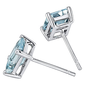 Peora Solid 14K White Gold Blue Aquamarine Earrings for Women, Genuine Gemstone Birthstone Solitaire Studs, 7x5mm Emerald Cut, 1.75 Carats total, Friction Back
