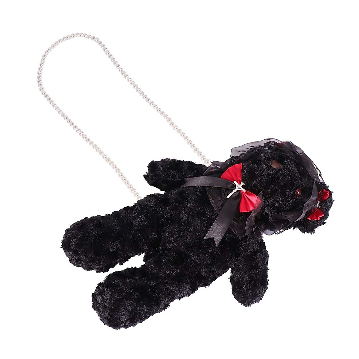 KESYOO Plush Satchel Bag Gothic Style Bear Shoulder Bag Pearl Chain Decor Lolita Cosplay Purse Black