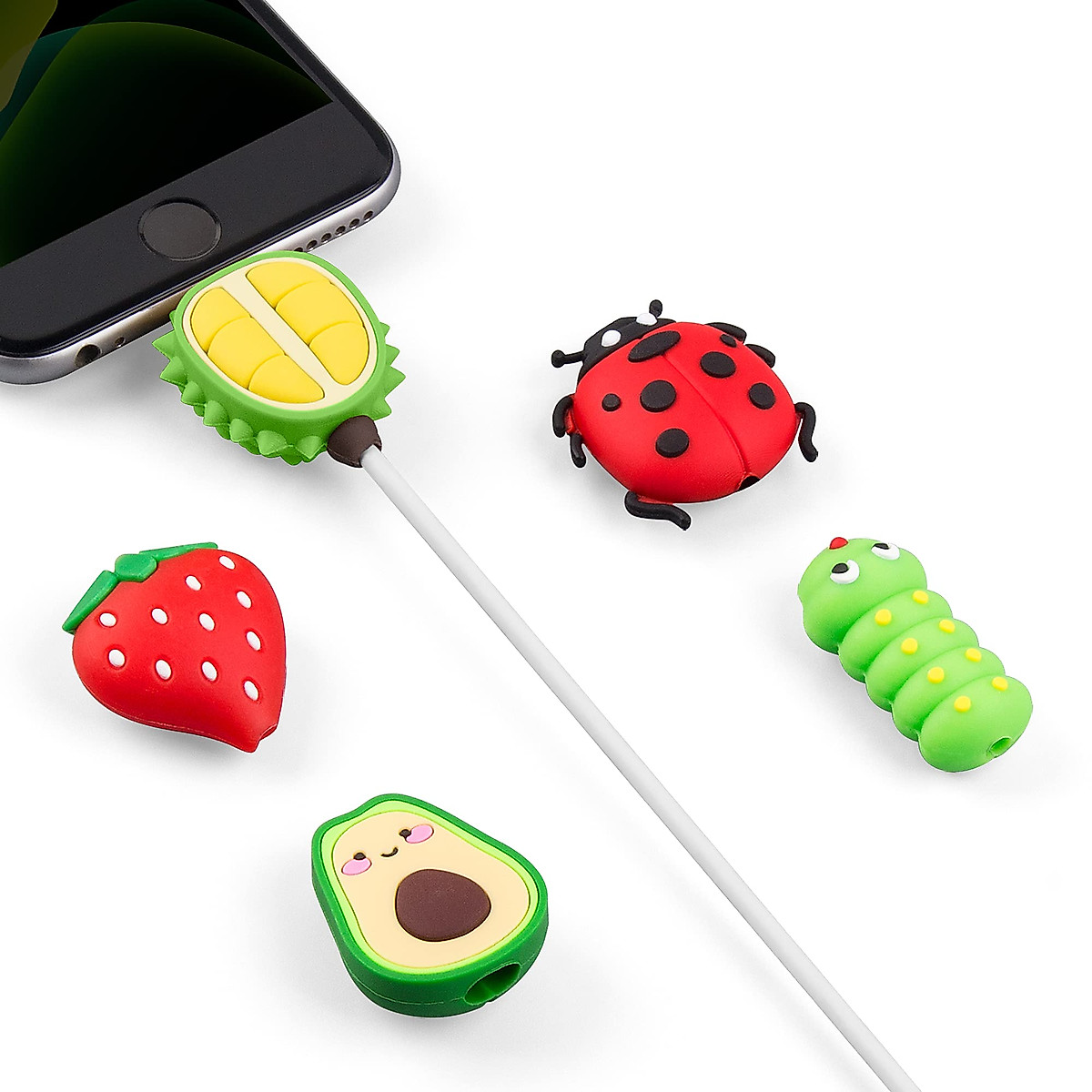 SUNGUY Cute Animal Bite Cable Protector for iPhone iPad Charger, 5 Pack USB Cable Protector, Charging Cord Protector, Cable Chomper, Fruit USB Charger Saver