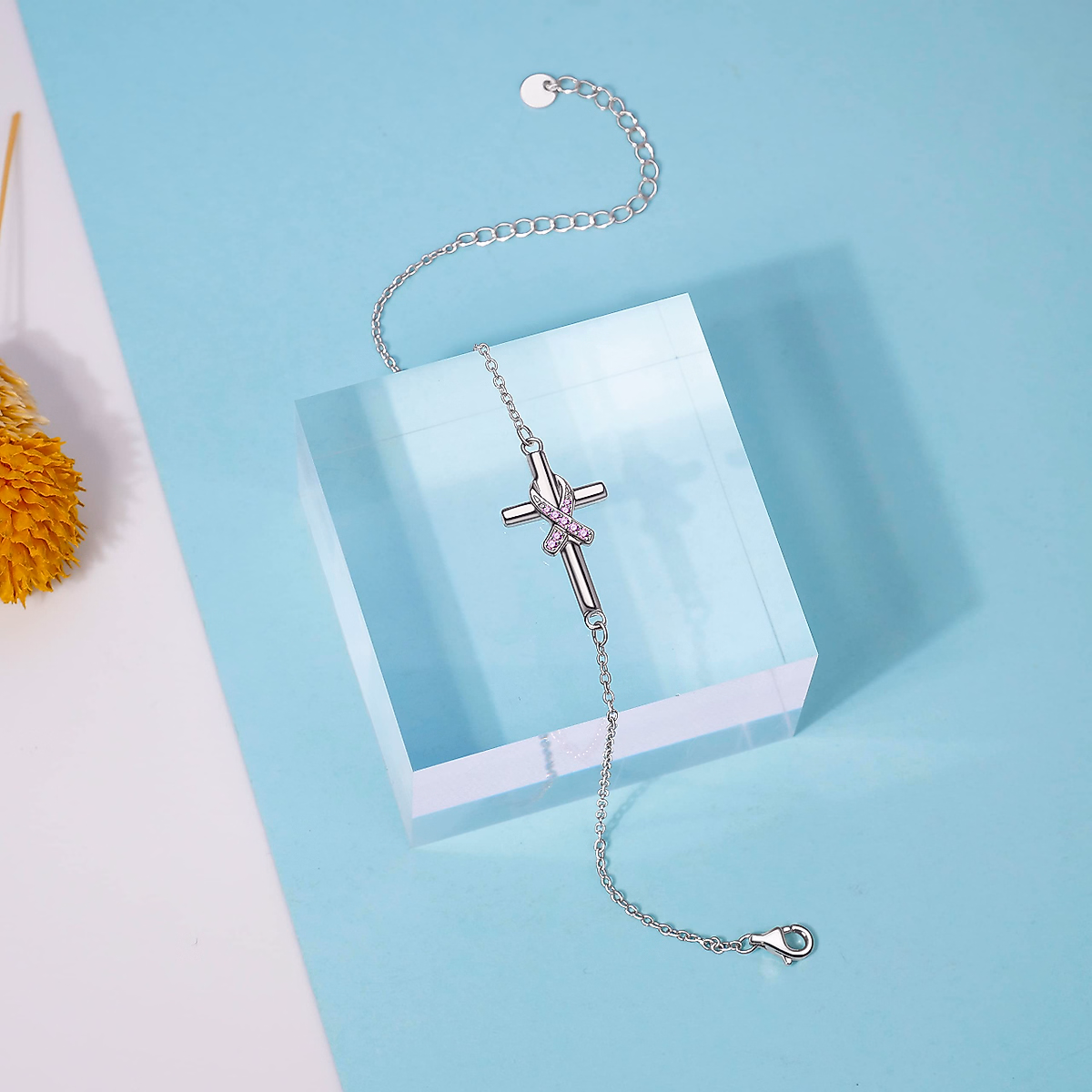 LEECCI 925 Sterling Silver Breast Cancer Awareness Bracelet Cross Pink Ribbon Bracelet Breast Cancer Survivor Gifts for Women