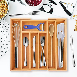 SANPON Bamboo Kitchen Drawer Organizer Expandable Silverware Tray for Drawer Utensil Tray Flatware Drawer Organizer 5-7 Slots